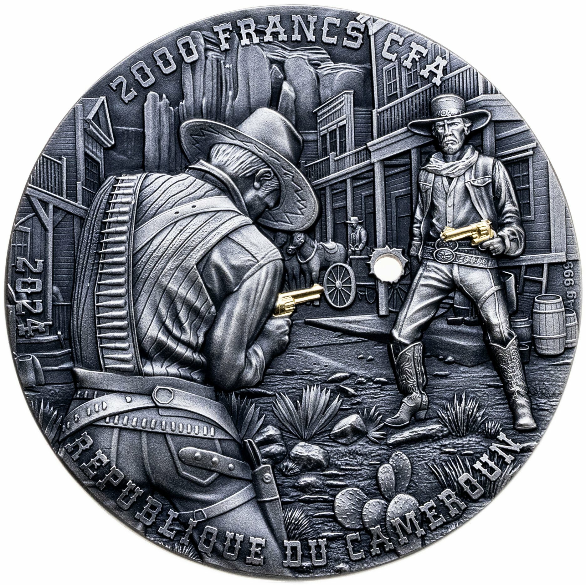 Камерун 2000 франков 2024 "Ковбойская дуэль" в футляре с сертификатом, Серебро 999, в сохранности UNC