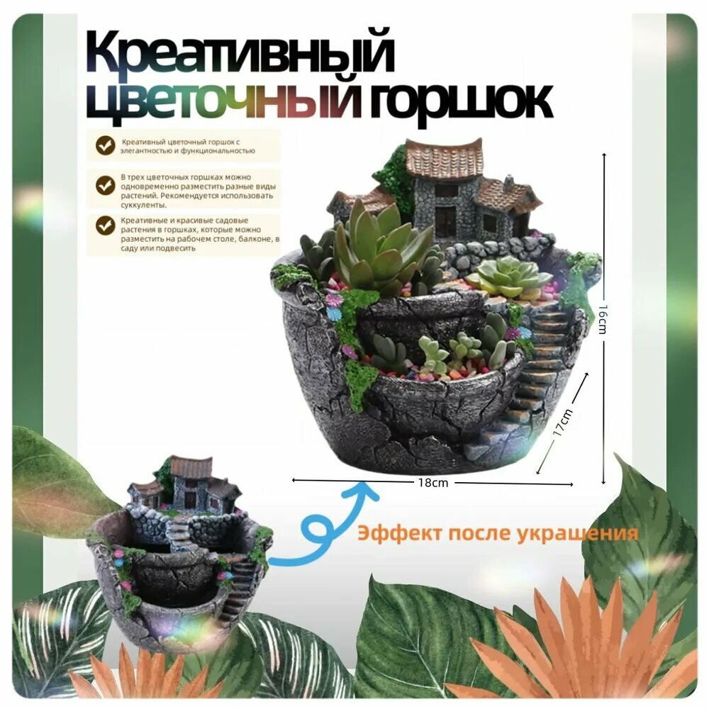 Креативный многоуровневый мини-сад в горшке диаметром 16,5 см