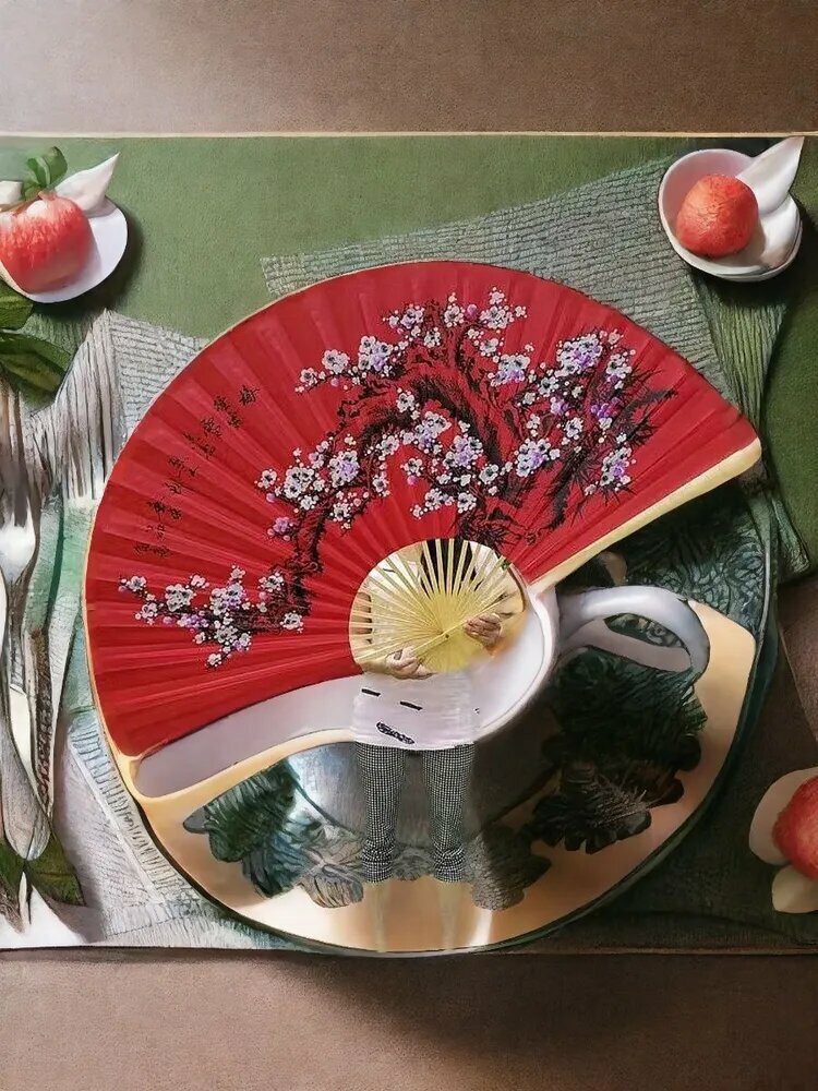 Китайский большой веер на стену/Лошади/ бамбук, шелк