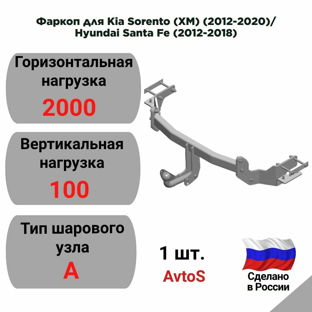 Фаркоп для Kia Sorento (XM) (2012-2020)/ Hyundai Santa Fe (2012-2018) "AvtoS" KI24