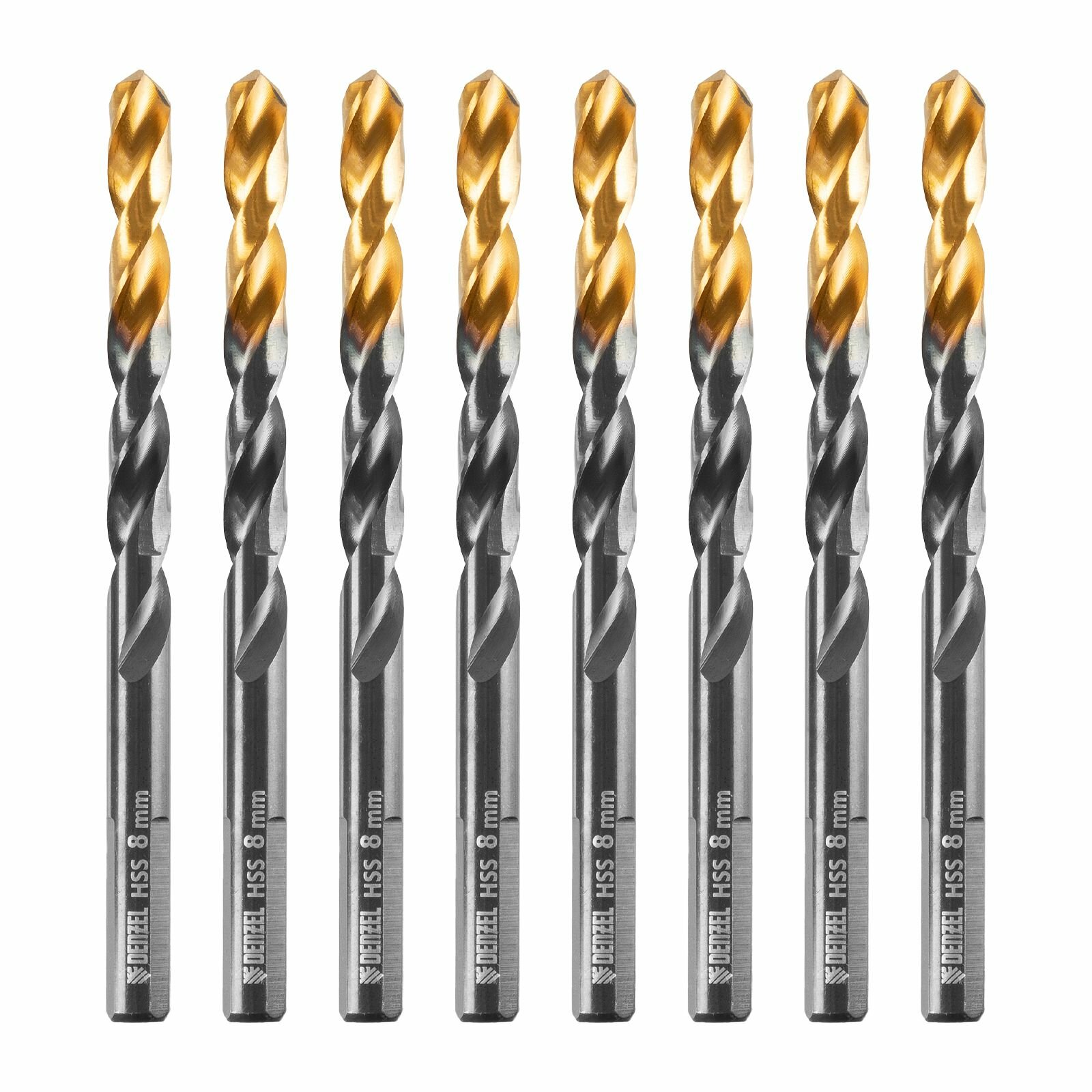 Сверло по металлу DENZEL 8 мм, HSS-Tin, Golden Tip, 8 шт (717219)