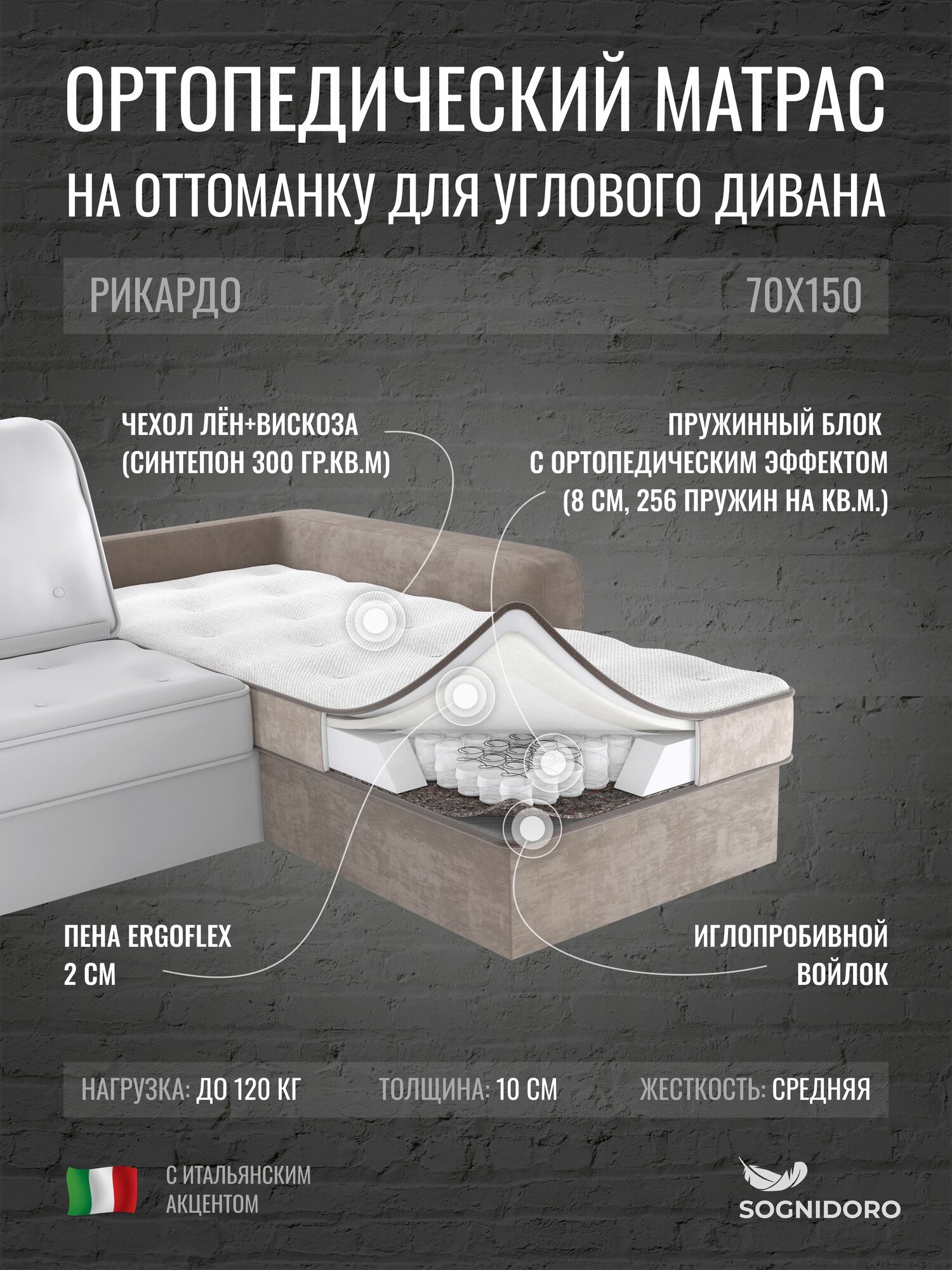 Матрас на оттоманку углового дивана 70х150х10, ортопедический рикардо с пружинным блоком