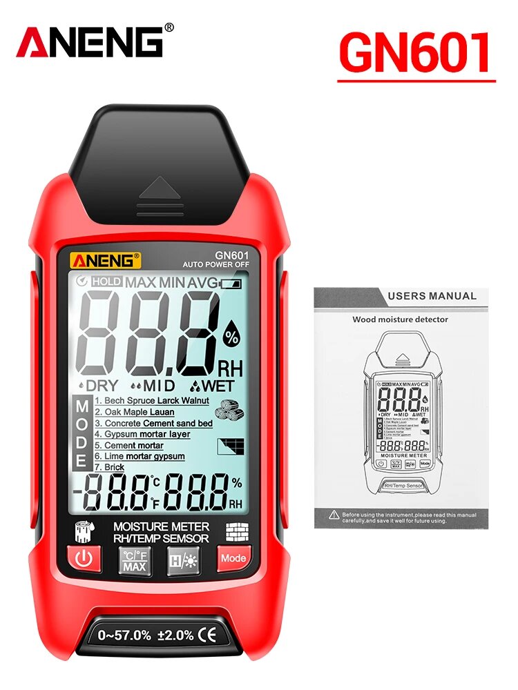 GN601 0 ~ 99,9% Деревянный гигрометр 20,5% RH показывает древесный гигрометр Многоэтапное измерение температуры и влажности зонд