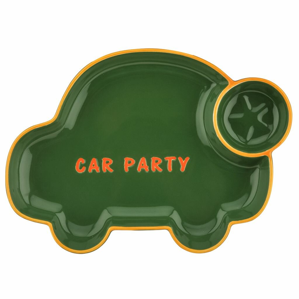 Блюдо сервировочное КНР керамическое "Машинка", 273х180х30 мм, 450 мл, с соусником диаметр 73 мм, 60 мл, с деколью, оранжевая отводка, зеленый, в коробке (AYFJ22-170)