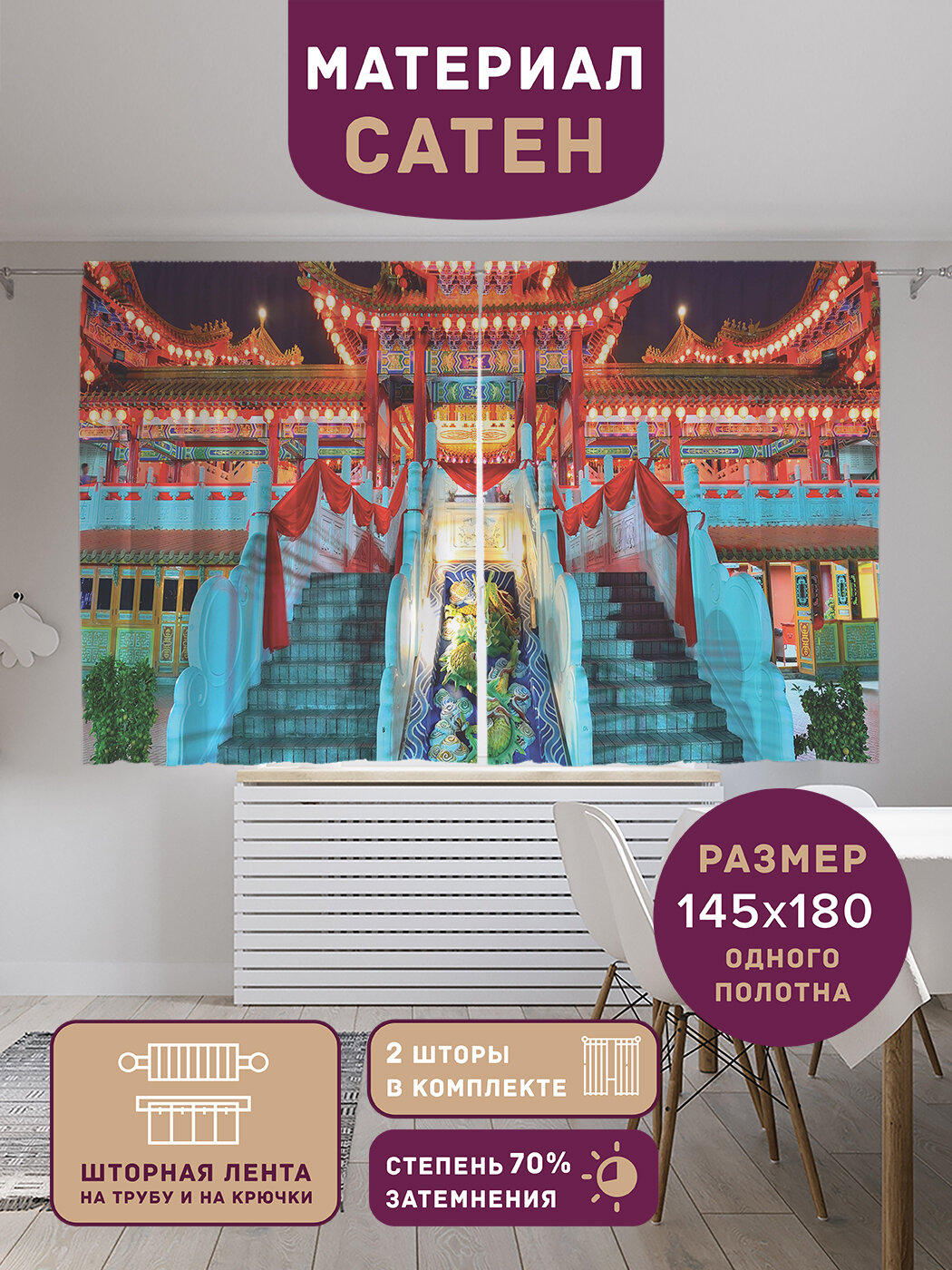 Фотошторы для кухни и спальни "Китайский декор", 2 полотна шириной по 145 см, высота 180 см, мульти Фотошторы, сатен