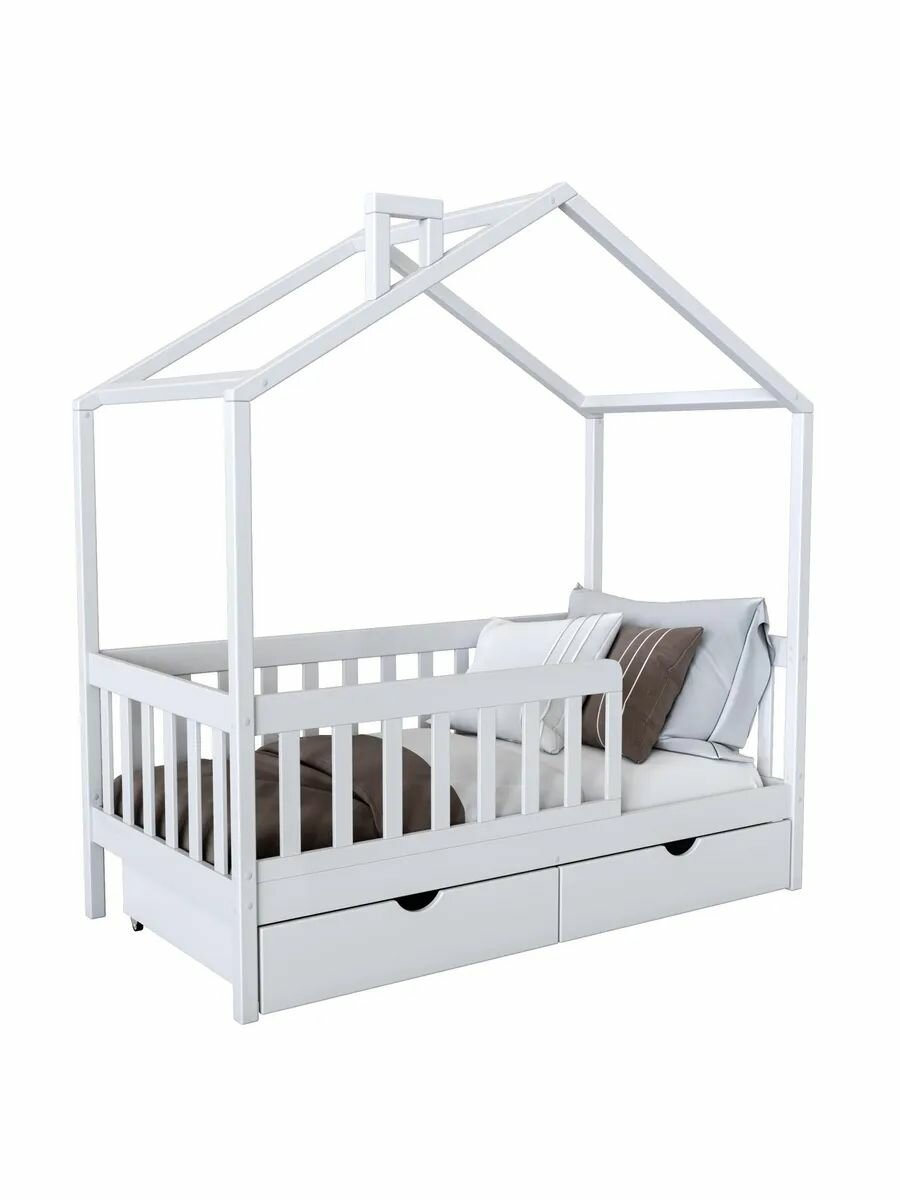 Кровать Detskaya Online "Домик", каркас из массива сосны, с ящиками, белая, 180 см x 80 см