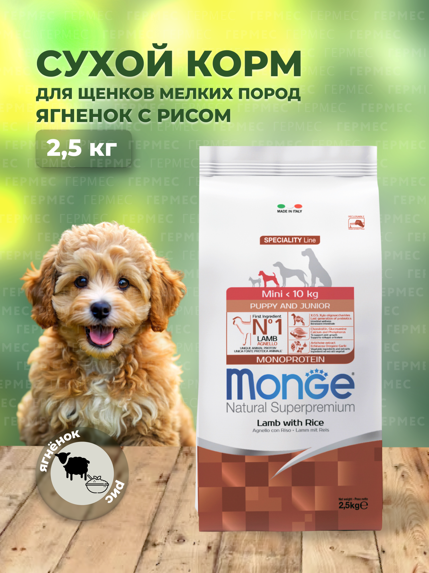 Сухой корм для щенков Monge Speciality Mini Puppy & Junior Lamb для мелких пород, с ягненком, 2,5 кг.