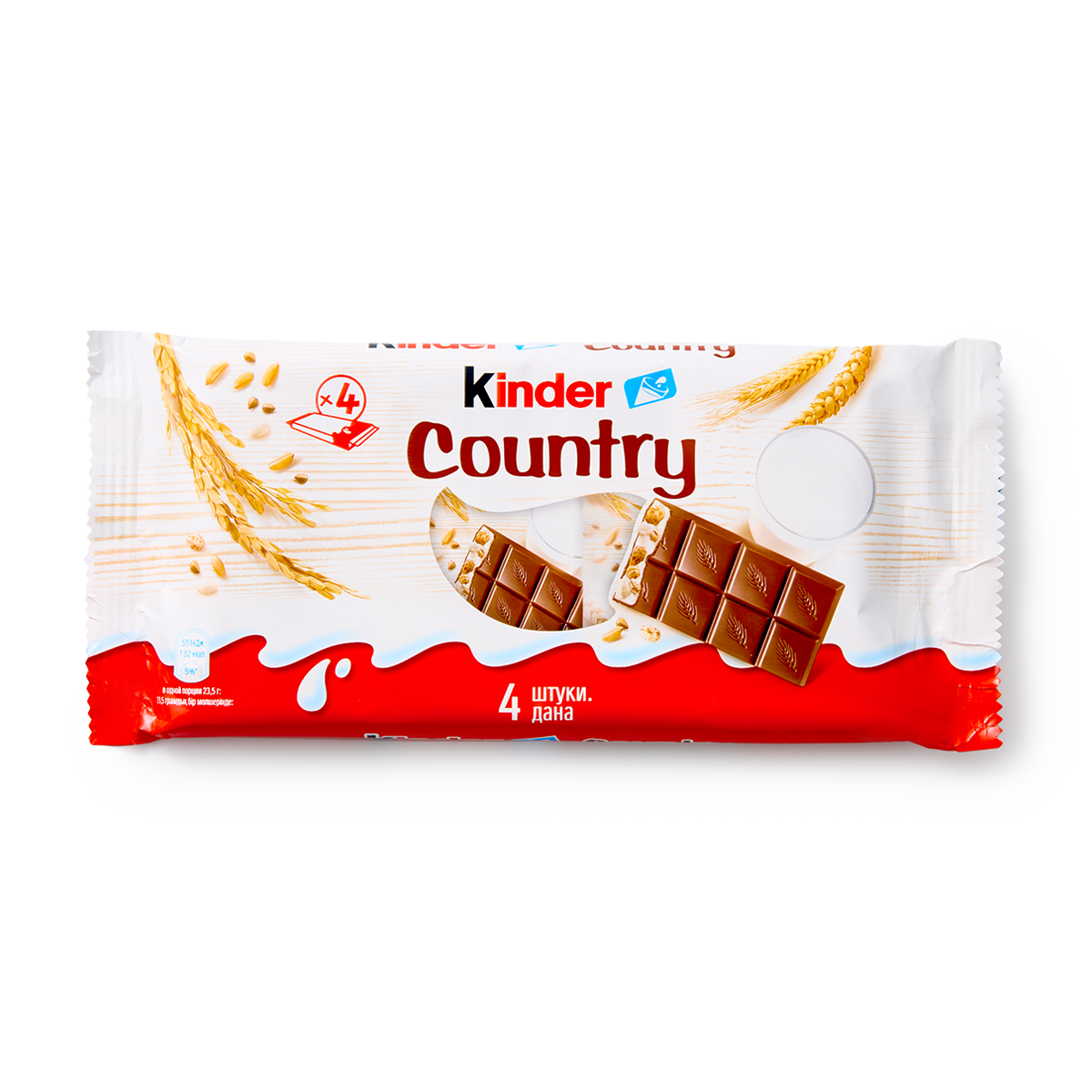 Шоколад молочный Kinder Country со злаками, 94 г, 4 шт. в уп.