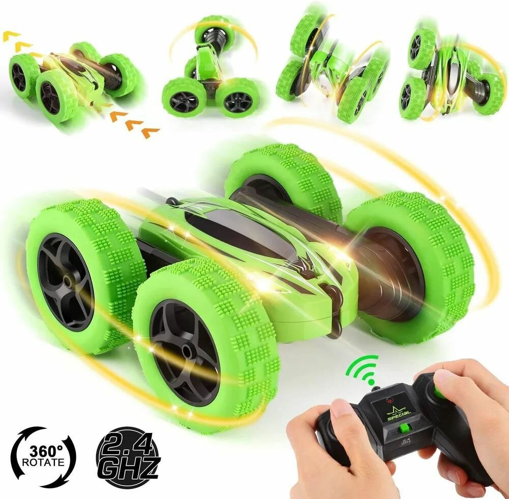 Машинка-каскадер зеленая на радиоуправлении авто-перевертыш с подсветкой Stunt Car 360, 16 см, 7 км/ч, 50 метров, 60 минут, салатовая