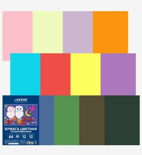 Бумага цветная deVENTE двухсторонняя, тонированная, А4, 12 листов, 12 цветов, пластиковый пакет (8114900)