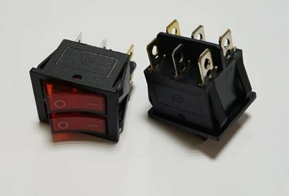2 шт, Переключатель, двойной, клавиши красного цвета, с подсветкой, 6 контактов, на 250 Вольт, KCD4-2101 (KCD3-2101, RWB-510, SC-797, REXANT 36-2411)