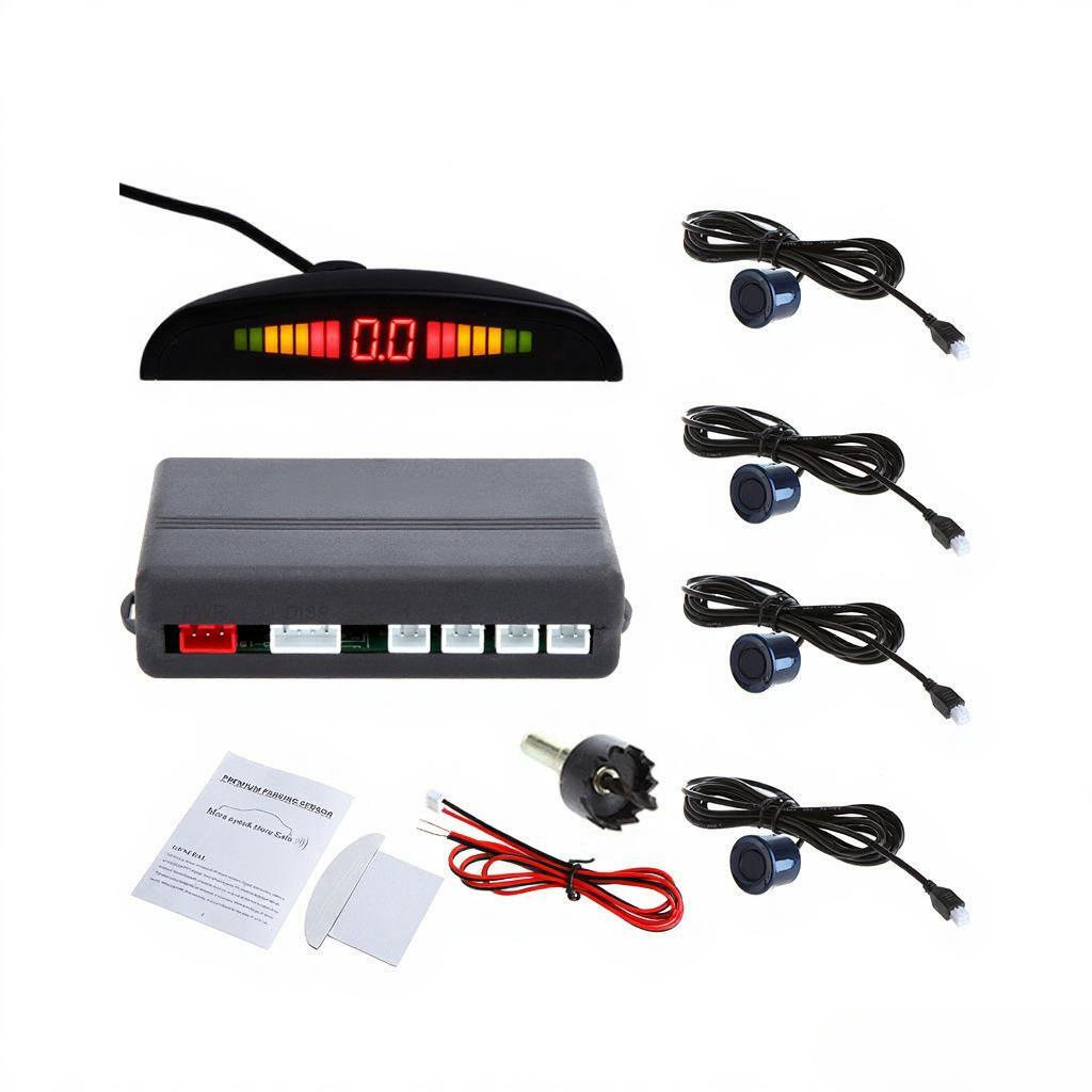 Система парковочных датчиков для автомобиля, LED парковочная система обратного радара с подсветкой дисплея + 4 датчика Синий, DC12V, диапазон напряжения 9-16V, ток 20mA-200mA, дальность обнаружения 0-2.5m, частота ультразвука 40KHz, размер датчика