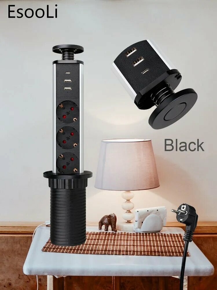 Встраиваемая выдвижная розетка для столешницы для кухни на 3 розетки с Type-C и 2 USB, с кабелем 1.8 м с вилкой, Черный