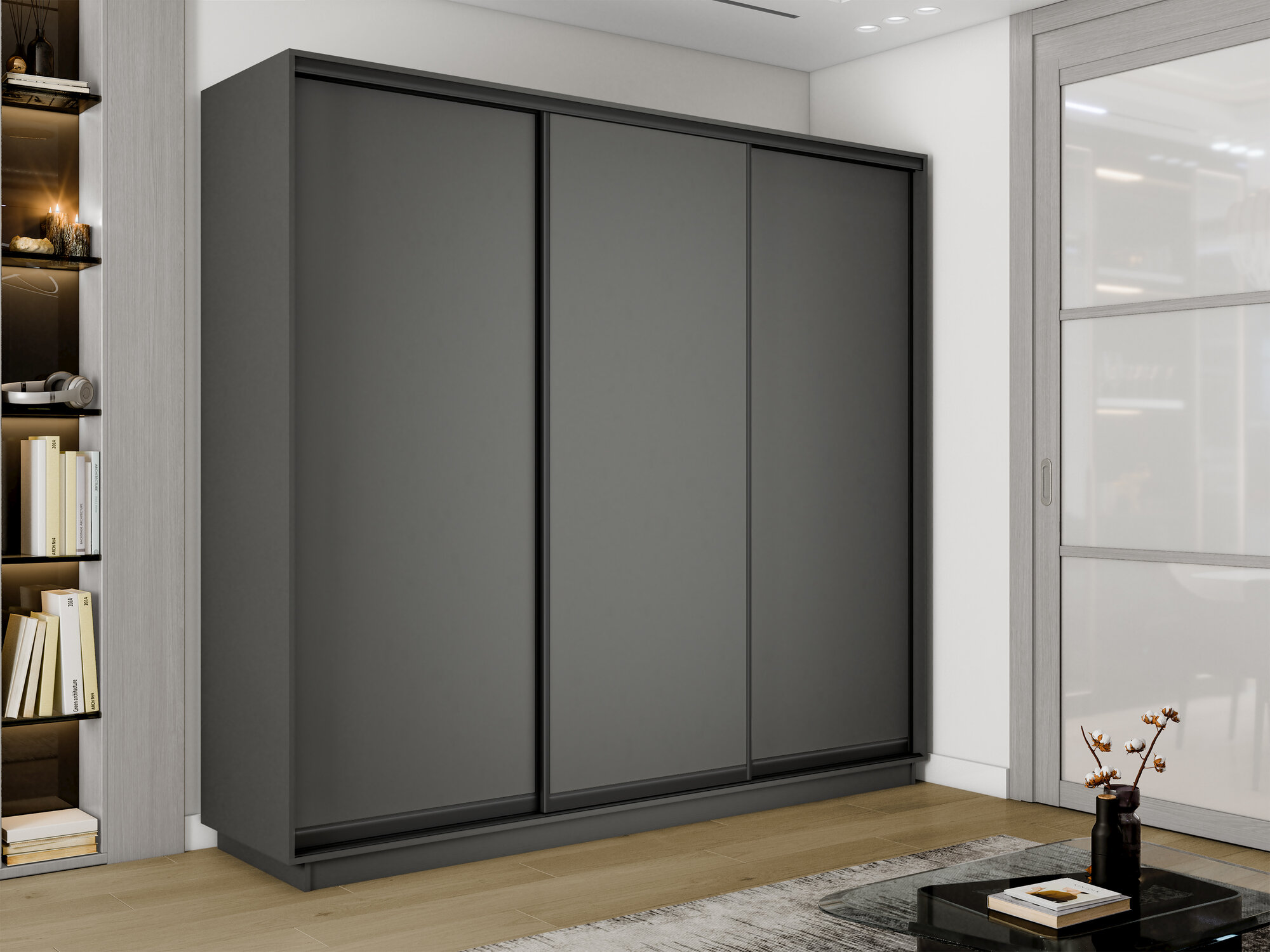 Шкаф купе Вилли 3-х дверный ЛДСП, профиль черный 180 см х 220 см х 45 см (Серый диамант)