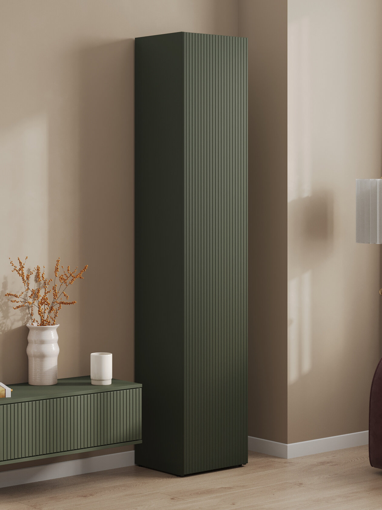 Распашной шкаф-пенал для одежды и хранения вещей Амели с полками, с фрезеровкой, 45х40х231 см, Оливковый базальт