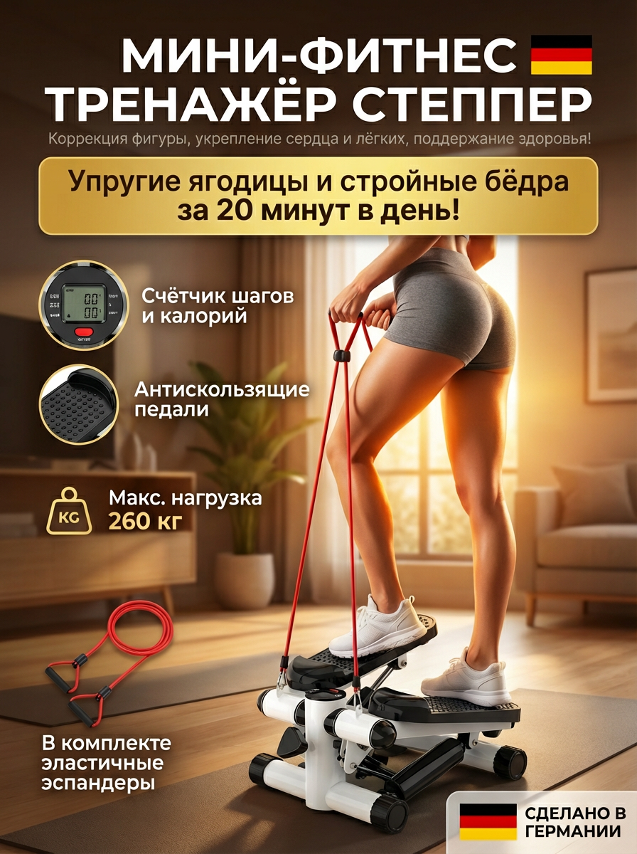 Мини-степпер с эспандерами, тренажер для дома, для тренировки мышц ног и ягодиц