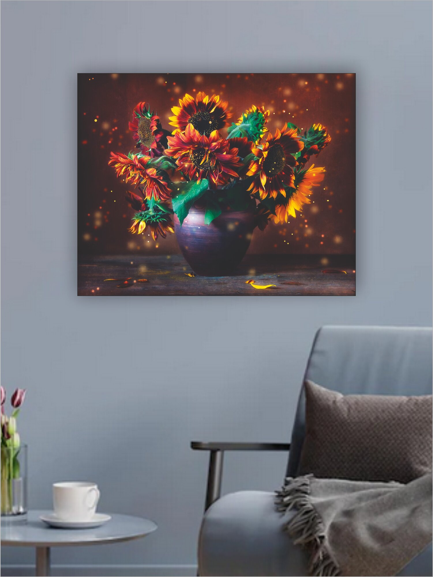 Картина для интерьера на стену натюрморт. Подсолнухи в вазе 40х50 см на холсте на подрамнике