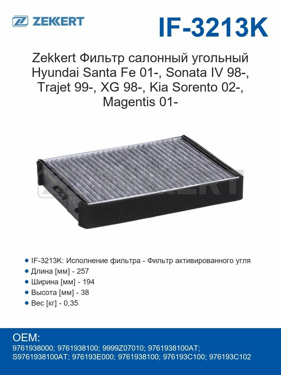 Zekkert Фильтр салонный угольный Hyundai Santa Fe 01-, Sonata IV 98-, Trajet 99-, XG 98-, Kia Sorento 02-, Magentis 01-