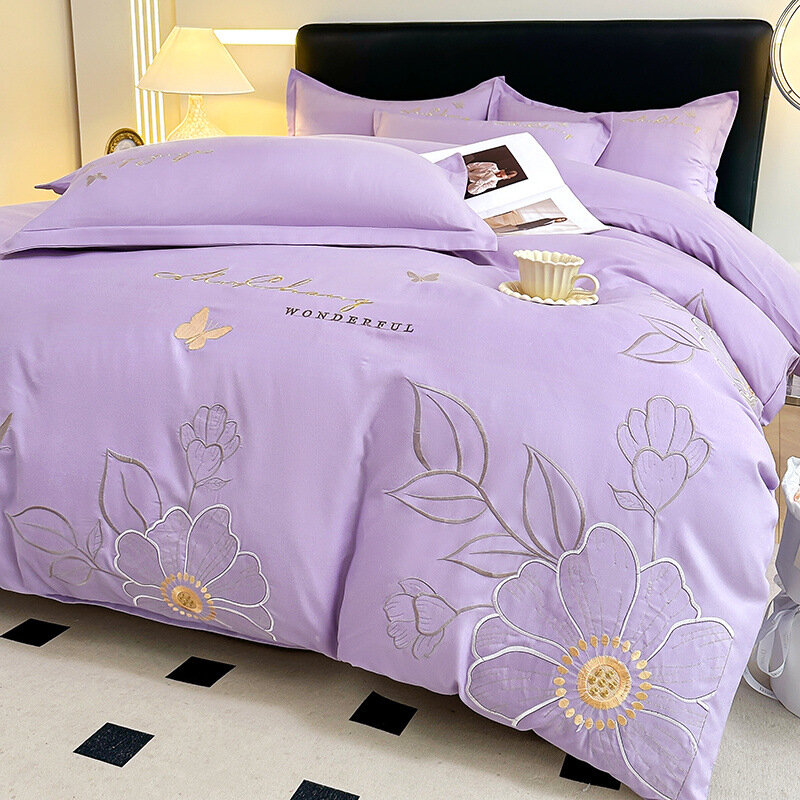 Набор для кровати Avery Purple 2,0 м, 4-частный хлопковый комплект с вышивкой для детской и взрослой спальни
