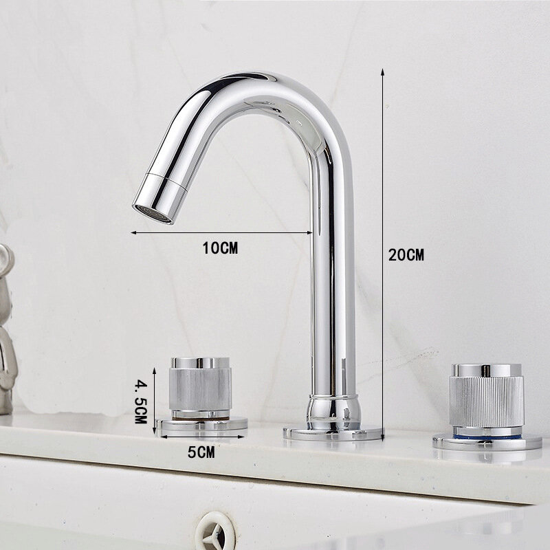 Европейский стиль золотой полностью медный вращающийся трехотверстный смеситель для раковины, трехкомпонентный набор, разделенный двойной ручкой, двойное управление горячей и холодной водой