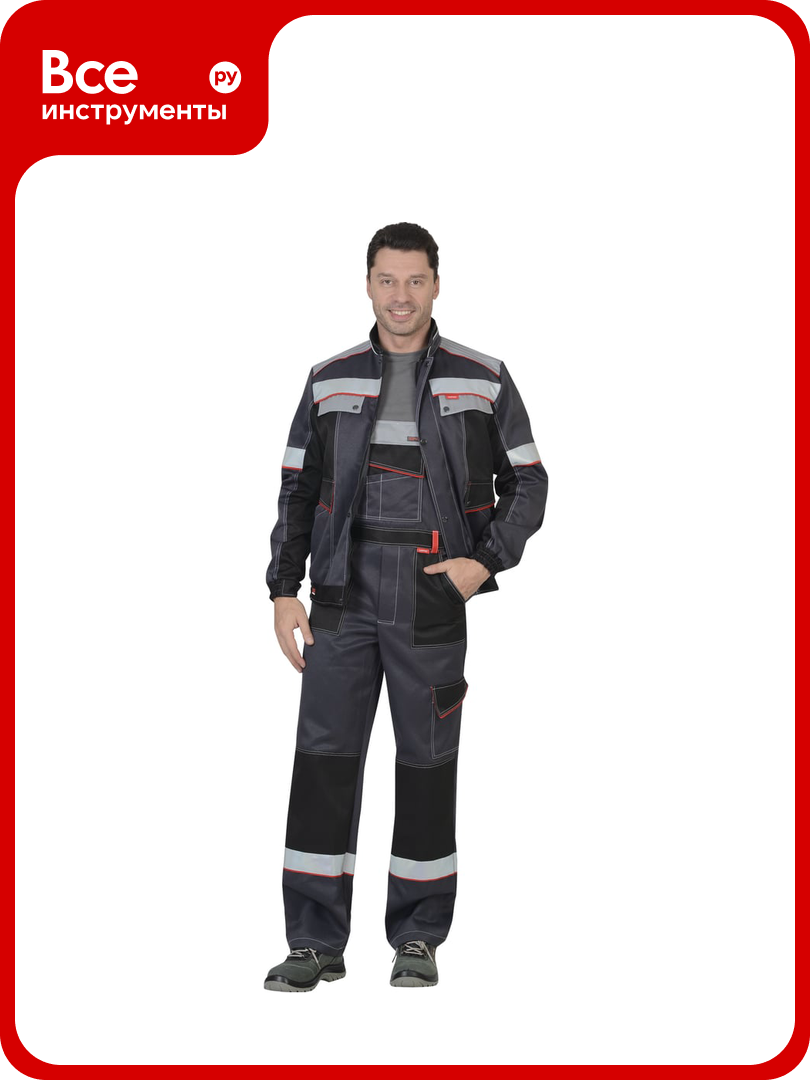 Костюм мужской сириус "Полином", куртка короткая, п/к, темно-серый/светло-серый/черный/красный, и СОП 50мм. р.104-108/170-176 (ЧЗ) 100054