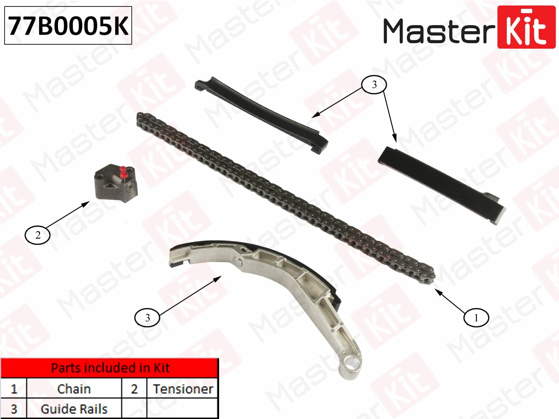Комплект цепи ГРМ NISSAN Navara, III 2.5 d Ci YD25DDTI 4WD 04-без звездочек MasterKit 77B0005K