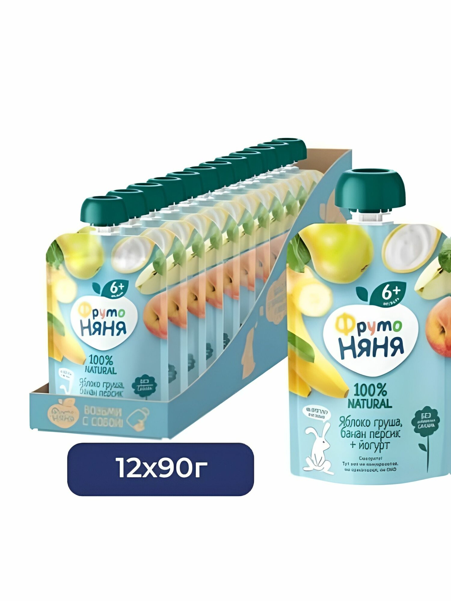 Пюре фруктовое ФрутоНяня с 6 месяцев, яблоко, груша, банан и персик, йогурт, 90г. Упаковка 12 шт.