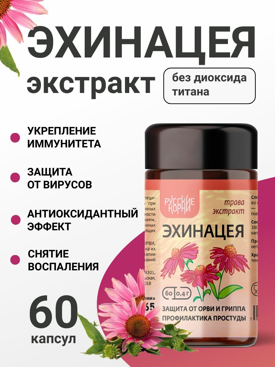 Эхинацея Экстракт 60 капс - для иммунитета, от простуды, антиоксидант - Русские корни