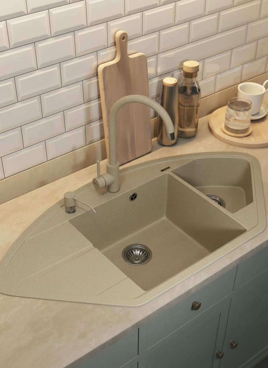 Кухонная мойка кварцевая Uperwood Quartz UPD-06-02, угловая двухсекционная, бежевая