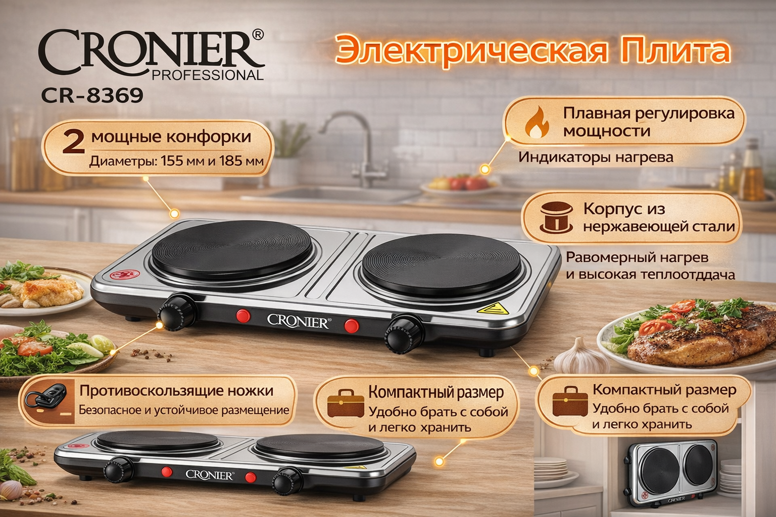 Электрическая настольная плита Cronier CR-8369 с двумя чугунными конфорками