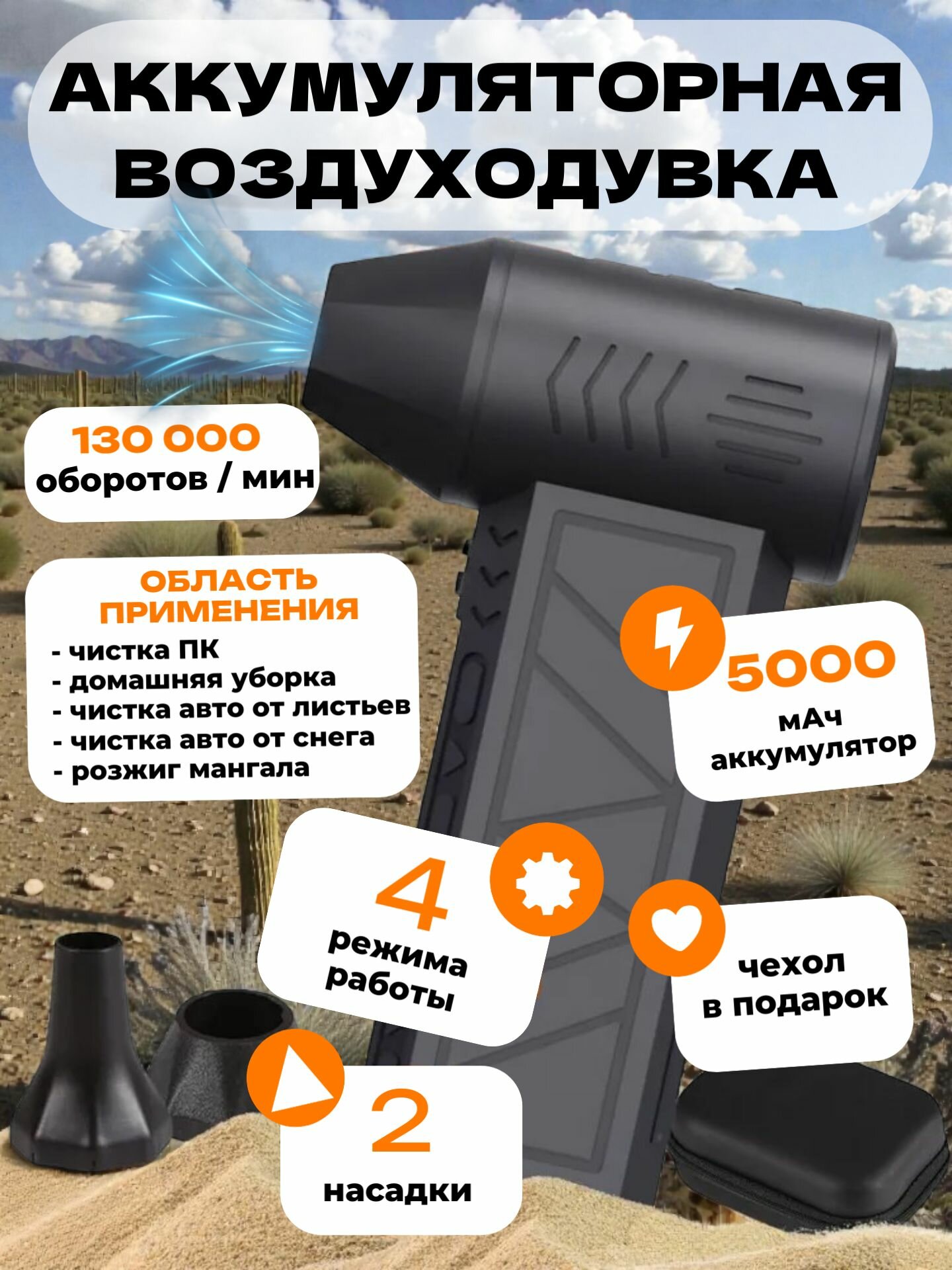 Воздуходувка аккумуляторная для компьютера, розжига, снега, пыли 130000 об/мин