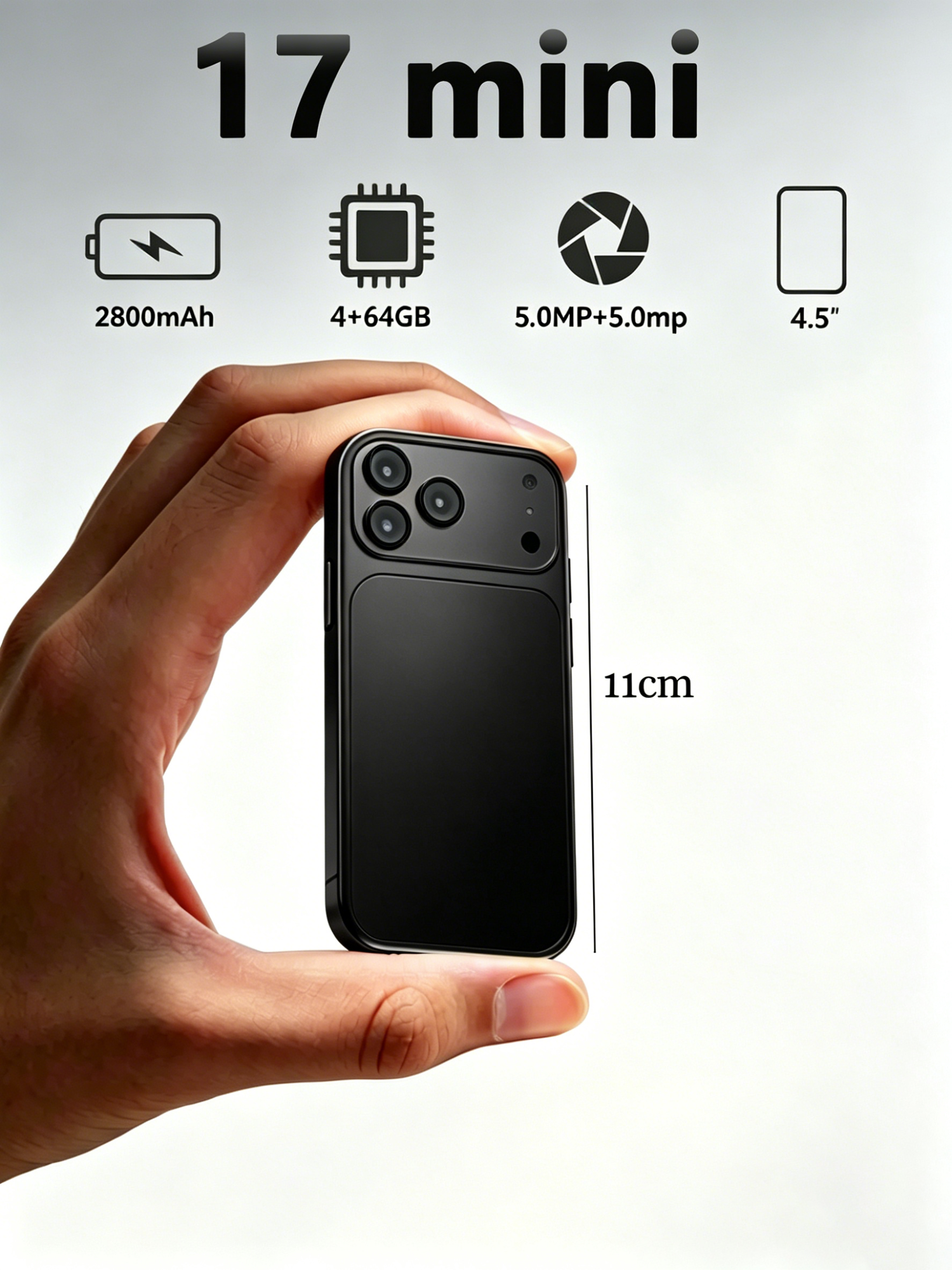 Мини-смартфон 17 Promini, 4ГБ + 64ГБ, IPS-экран, 4.5', Лучший подарок, черное