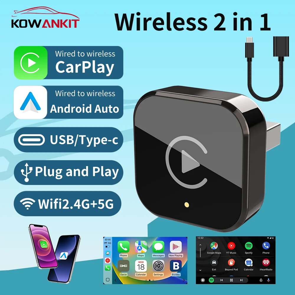 Беспроводной адаптер Carplay Android Auto 2 в 1 Smart Mini Ai Box Plug & Play Wi-Fi Usb Dongle Подходит для автомобилей из 2016+ 2026 Новый