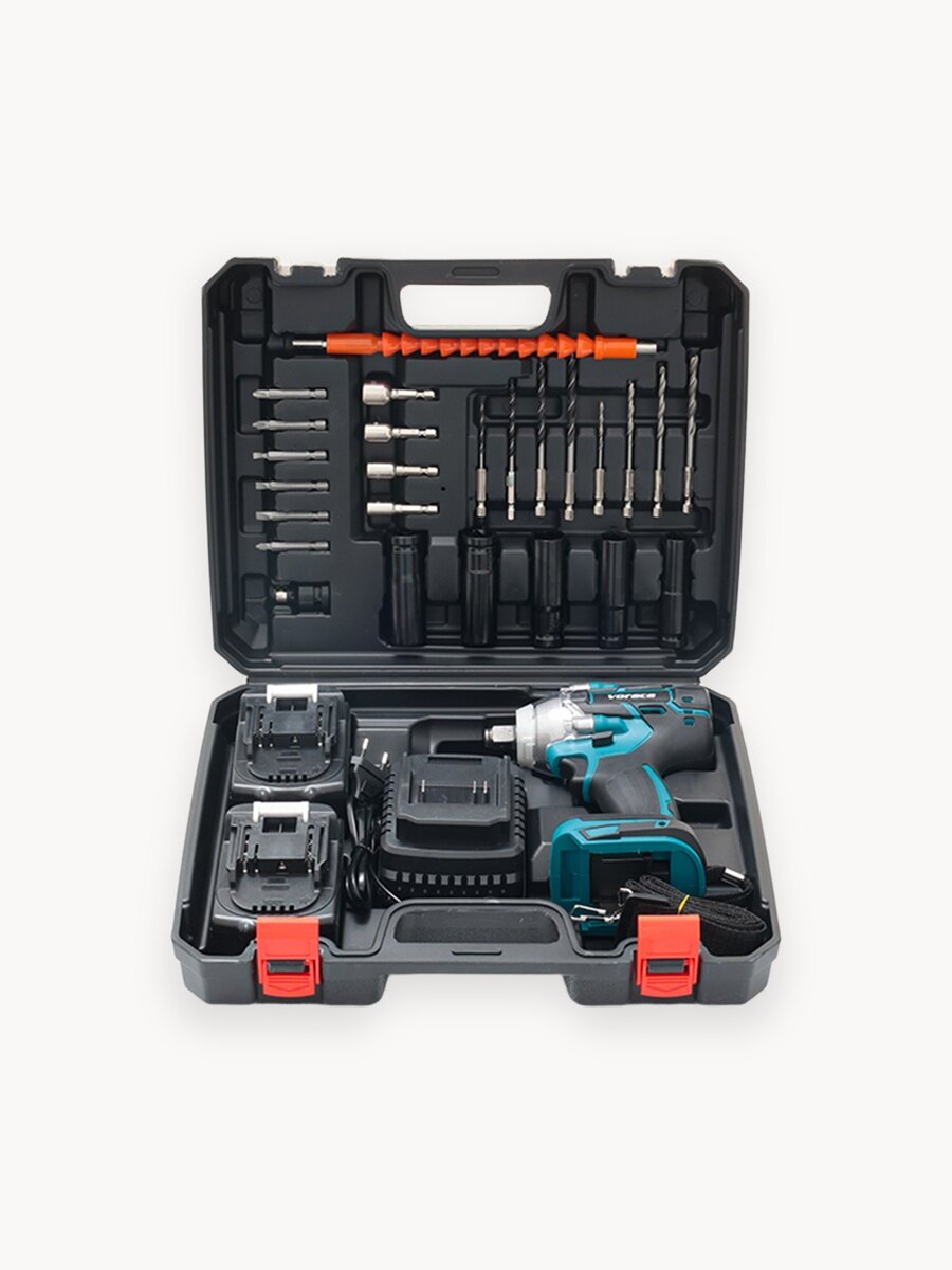 Гайковерт Аккумуляторный Ударный, Бесщеточный двигатель,2АКБ и 1 ЗУ, Набор пластиковых кейсов