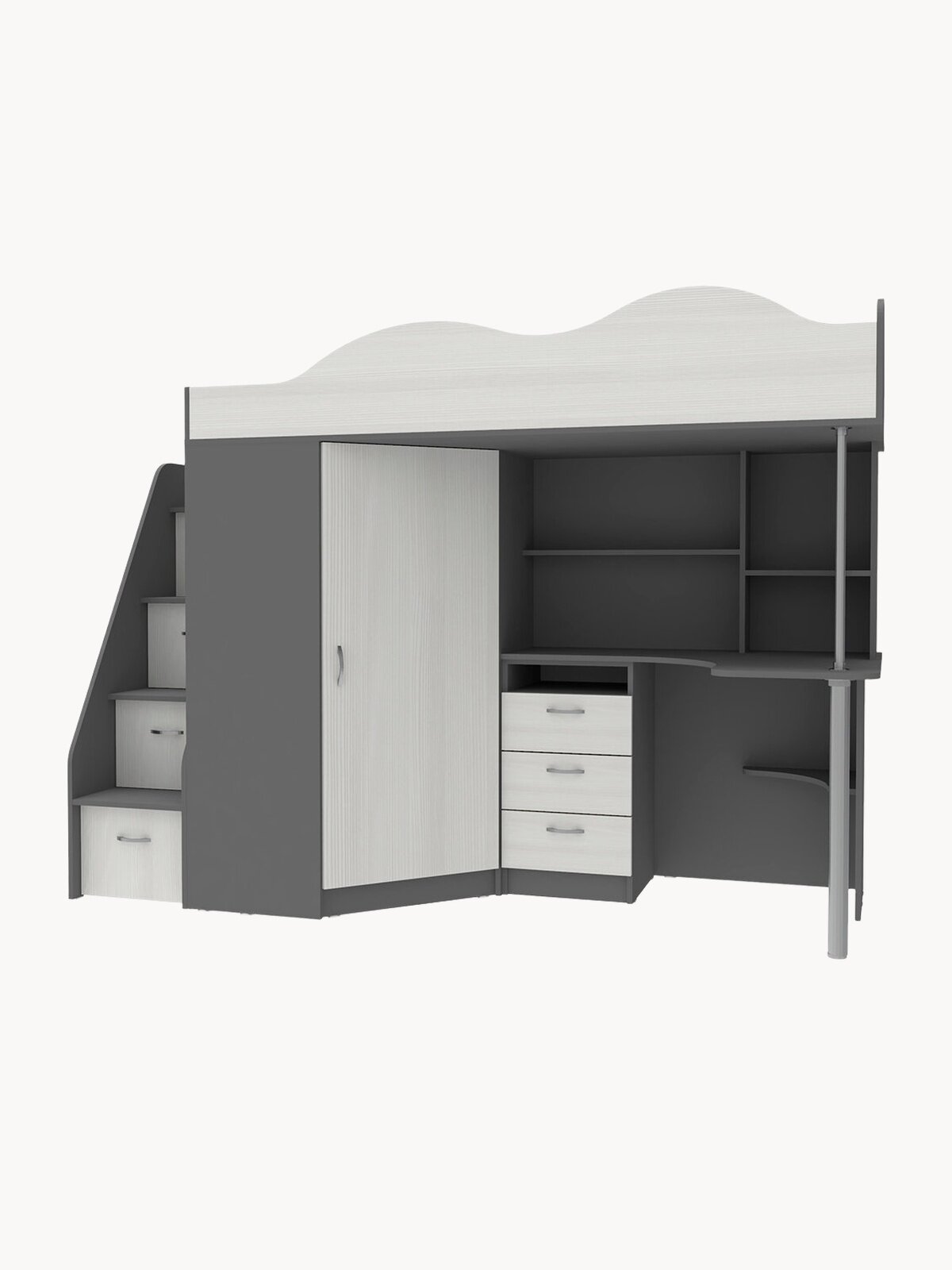 Кровать чердак Пионер Темно-серый Белое Дерево