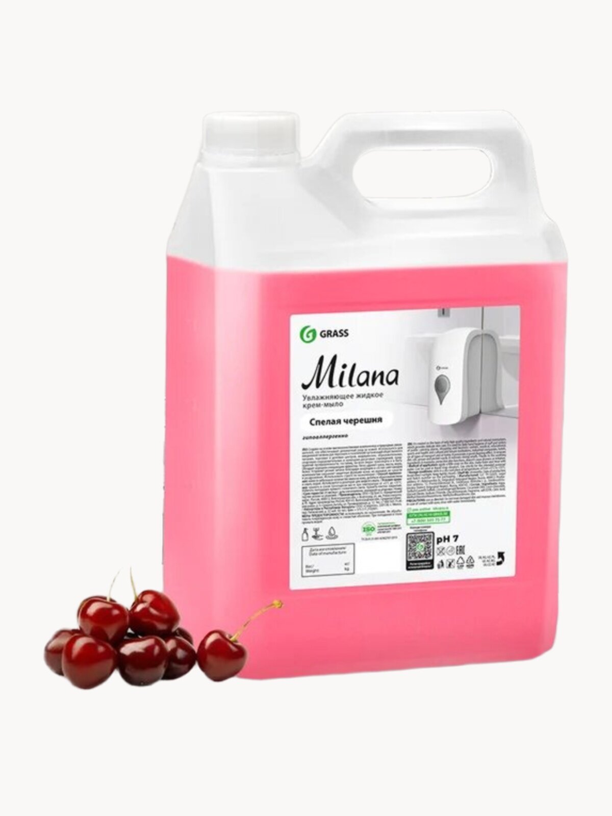 Жидкое мыло для мытья рук Grass Milana туалетное гипоаллергенное густое мягкое пенное черешня 5 л 126405, 5 л
