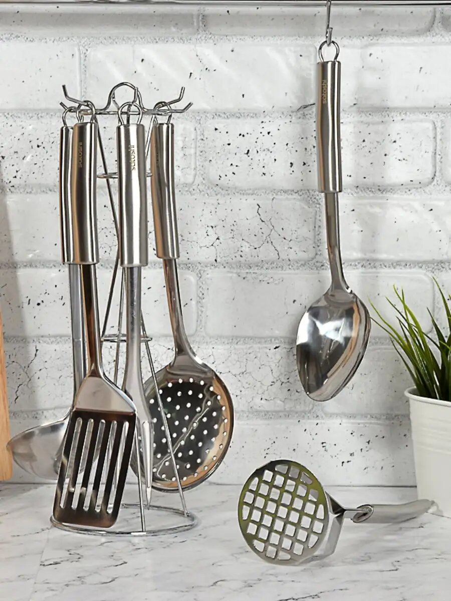 Набор кухонных принадлежностей металлический на подставке, 7 предметов