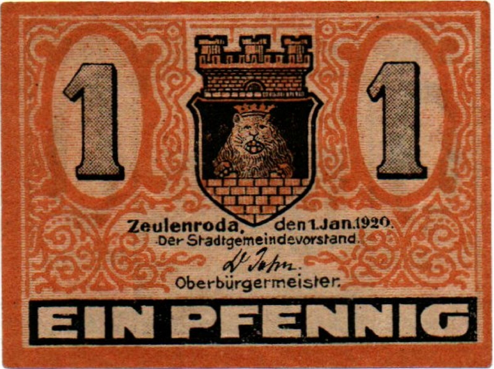 Нотгельд 1 пфенниг 1920 год 50 *40