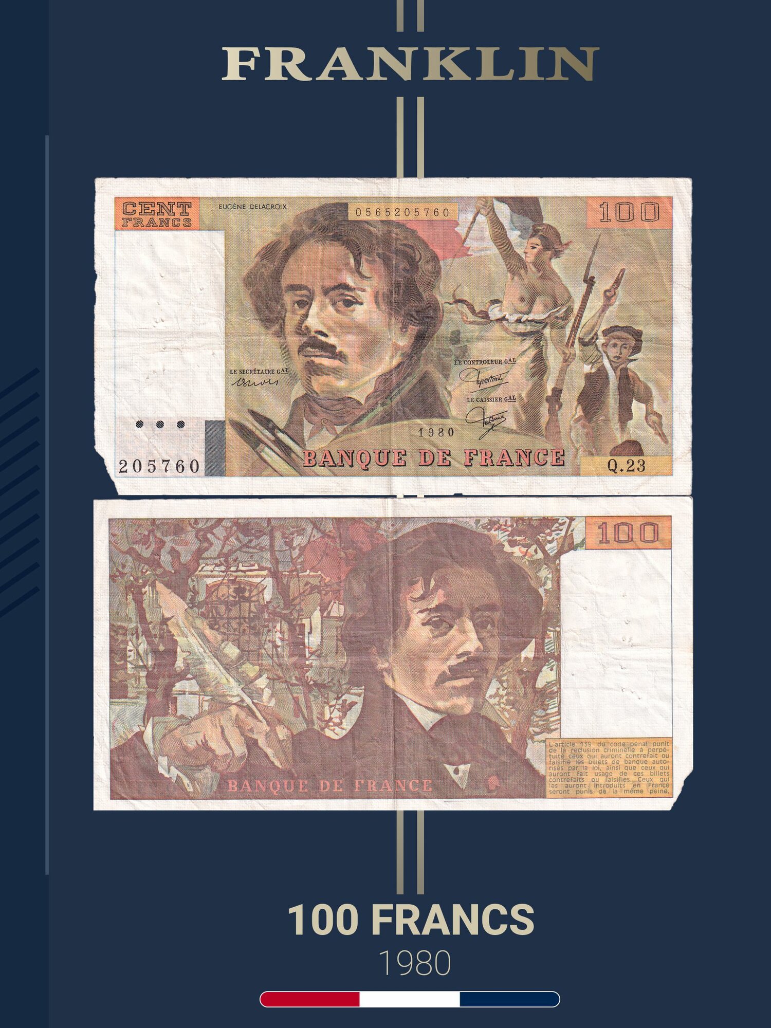 Банкнота Франция 100 франков CENT FRANCS 1980 год (F) Pick-154