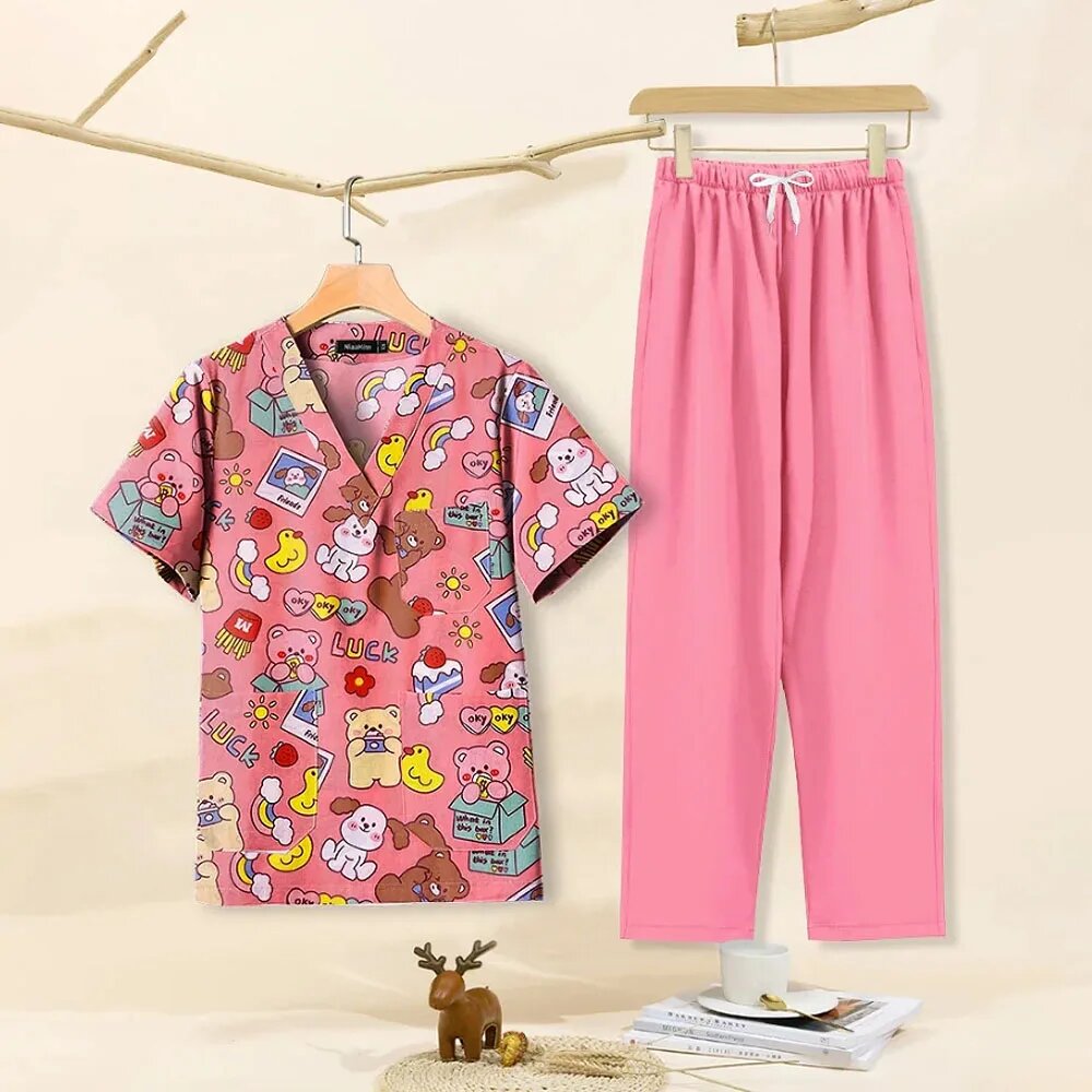 Наборы медицинской одежды из хлопка и полиэстера Розовый, L, top pants set as pic