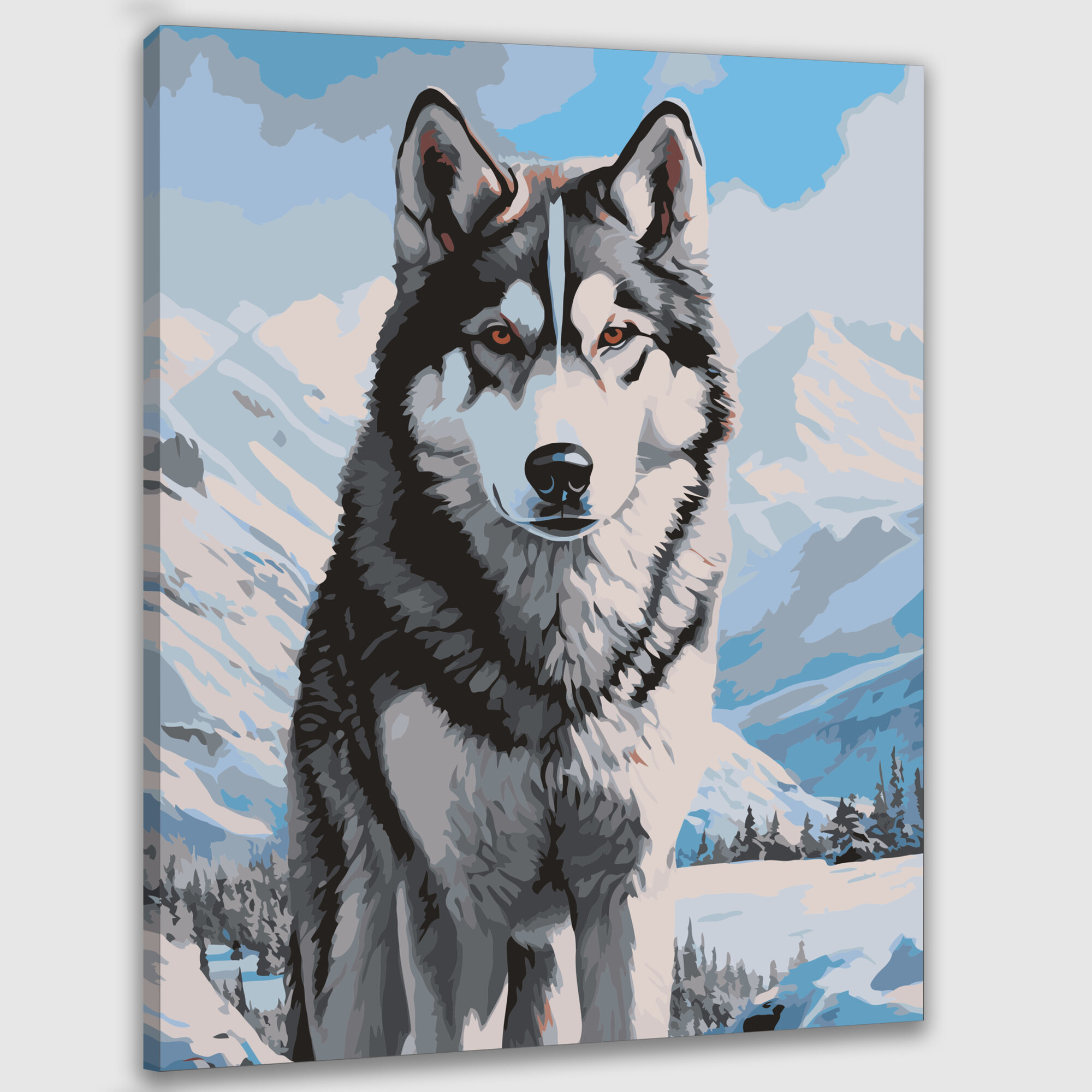 Картина по номерам 40x50 см, картина, масло, хаски, ледяной взгляд, замерзшая тундра, заснеженные горы