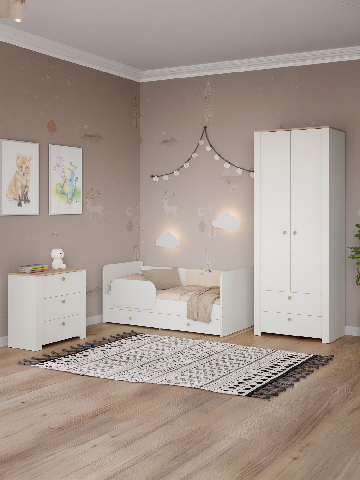 ARNIKA Мебель в детскую комнату Джастин белый, кровать 80х160 см, шкаф, комод