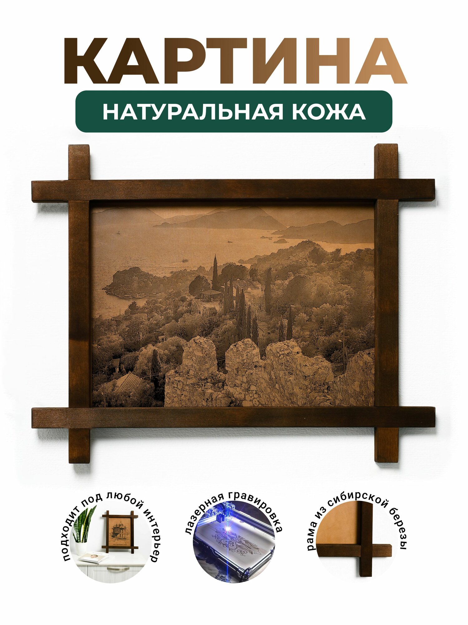 Картина интерьерная, натуральная кожа, "Затонувший город Кекова, Турция", в деревянной раме, BoomGift