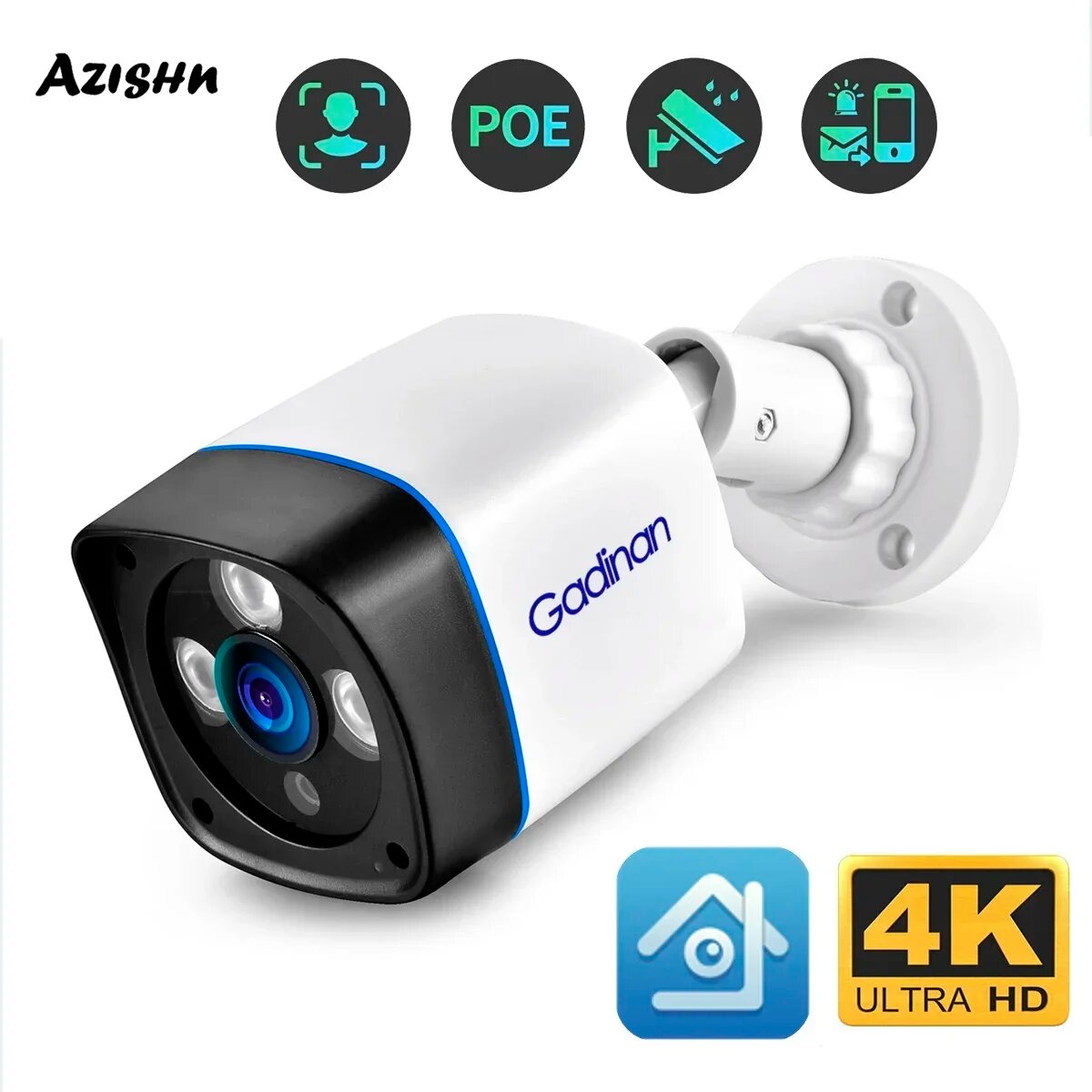 AZISHN 8MP 4K IP-камера видеонаблюдения 2.8mm, 48V POE 4MP