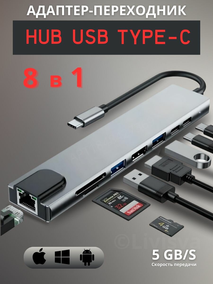 USB-C хаб 8 в 1 с HDMI 4K, Ethernet, USB 3.0, SD/microSD для ноутбуков, компьютеров и планшетов Livisva