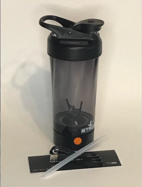 Новый шейкер спортивный с электрическим блендером и подсветкой. Черный / оранжевая кнопка