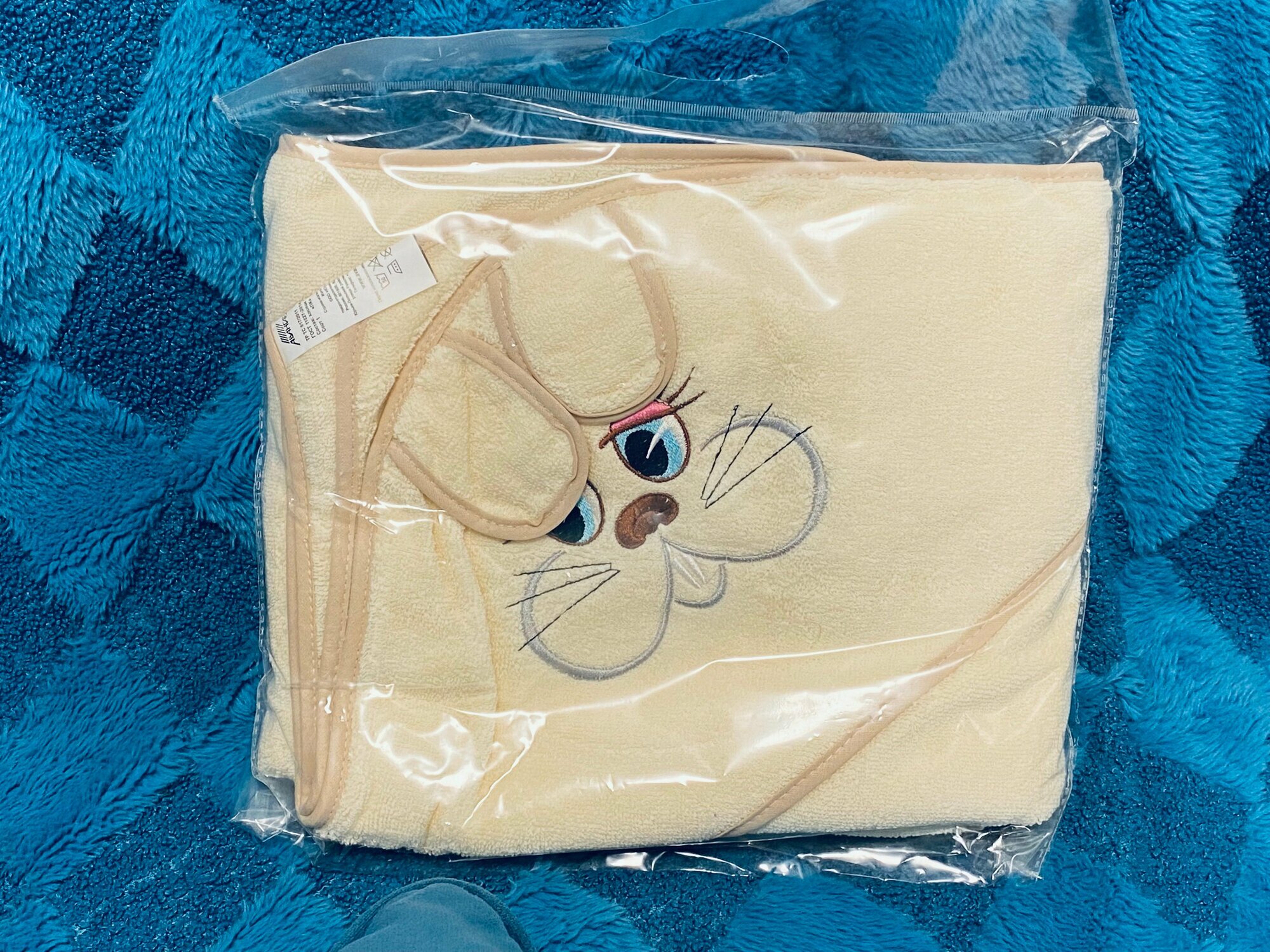 Полотенце махровое Уголок с капюшоном детское с вышивкой большое с длинными ушками 100*100 см Жасмин