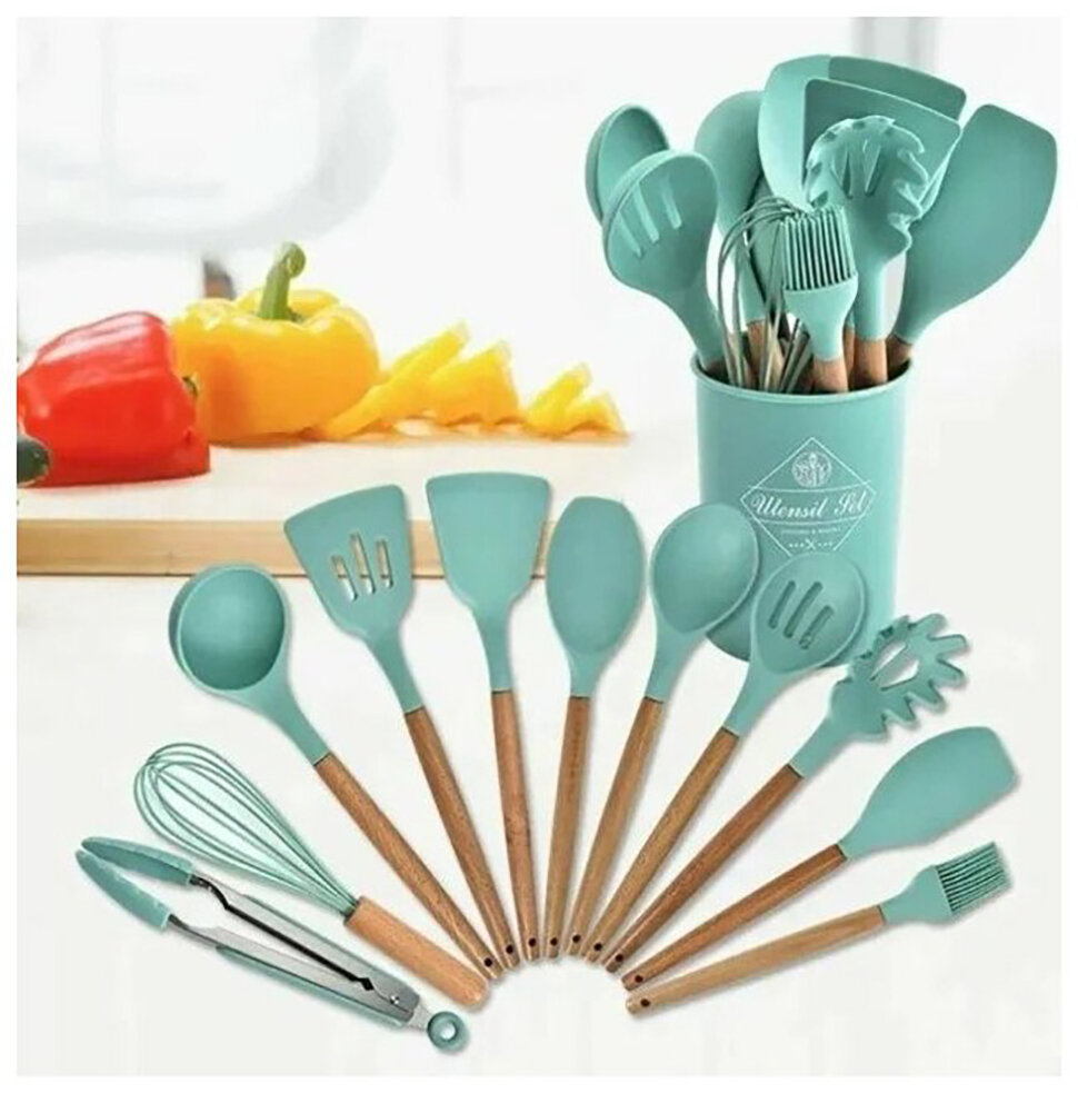 Набор кухонных принадлежностей Kitchen set из силикона и бамбука бирюзовый