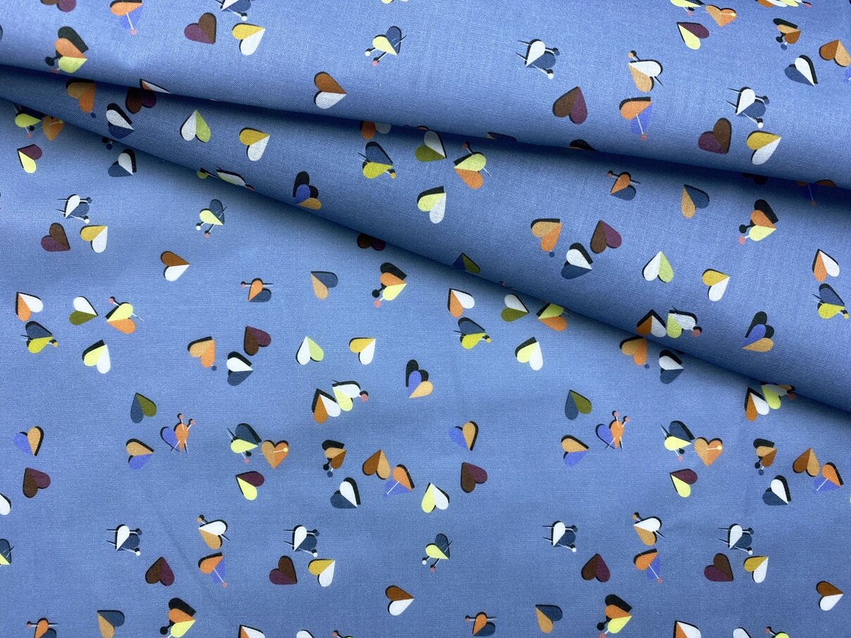 Ткань Батист серо-голубого цвета с принтом сердечки 14286