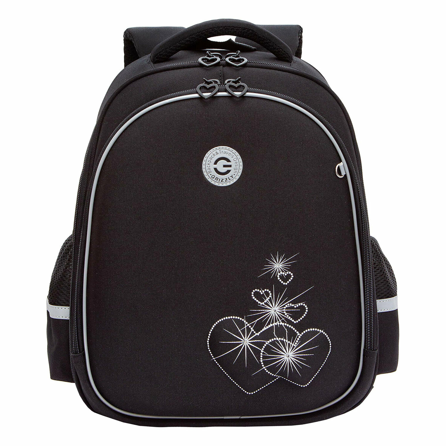 Ранец GRIZZLY анатомическая спинка, c брелоком, для девочек, "HEARTS", чёрный 36х28х20 см, RAz-586-5/1